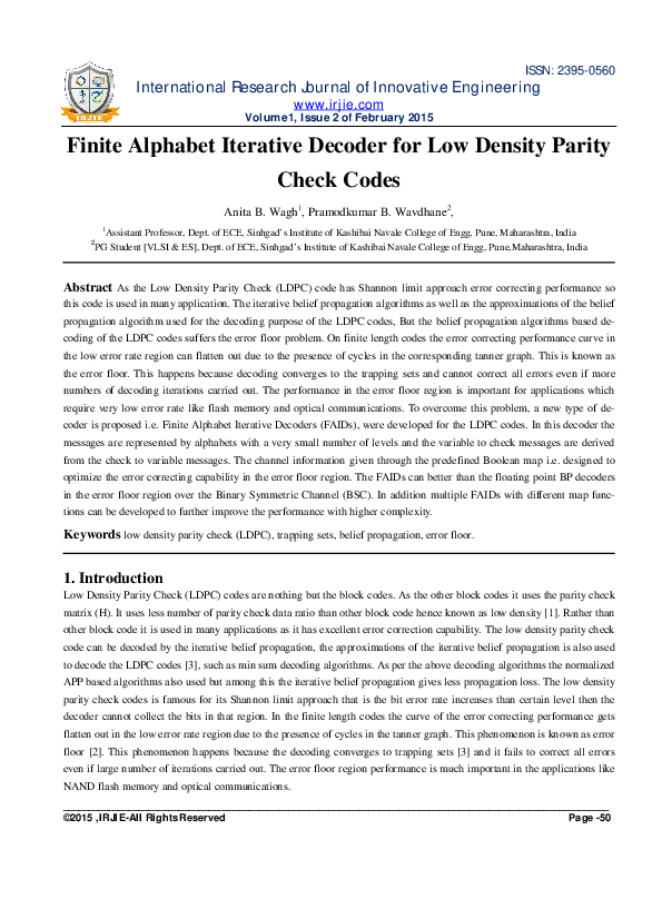 (PDF) Finite Alphabet Iterative Decoder for Low Density Parity Check Codes (PDF) Finite Alphabet Iterative Decoder for Low Density Parity Check Codes