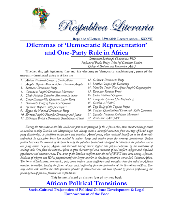 (PDF) Dilemmas of ‘Democratic Representation’ and One-Party Rule in Africa