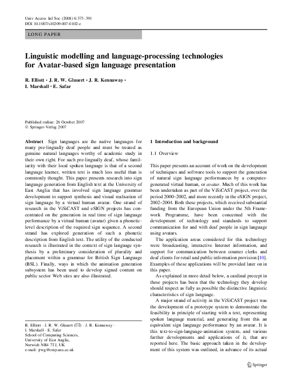 (PDF) Linguistic modelling and language-processing technologies for Avatar-based sign language ...