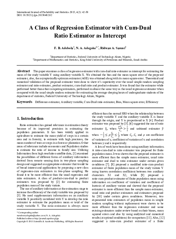 Pdf A Class Of Regression Estimator With Cum Dual Ratio Estimator As