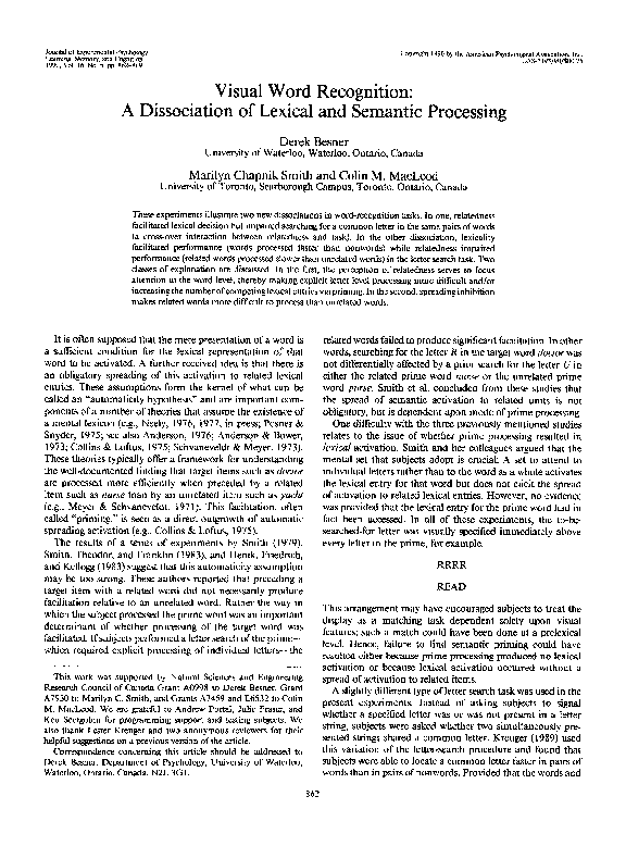 Pdf Visual Word Recognition A Dissociation Of Lexical And Semantic Processing