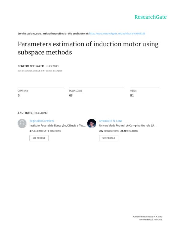 Pdf Parameters Estimation Of Induction Motor Using Subspace Methods