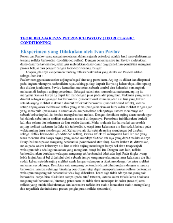 (DOC) TEORI BELAJAR IVAN PETROVICH PAVLOV (DOC) TEORI BELAJAR IVAN PETROVICH PAVLOV