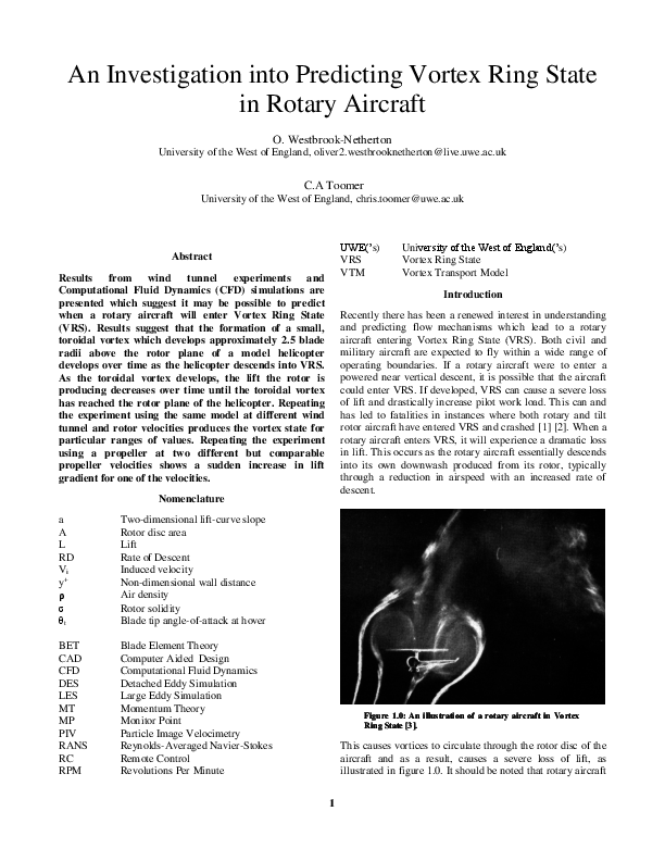 (PDF) An Investigation into Predicting Vortex Ring State in Rotary Aircraft