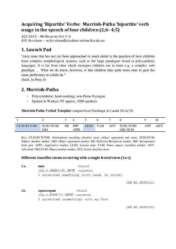 (PDF) Acquiring Bipartite Verbs: Murrinh-Patha bipartite verb usage in the speech of four ...