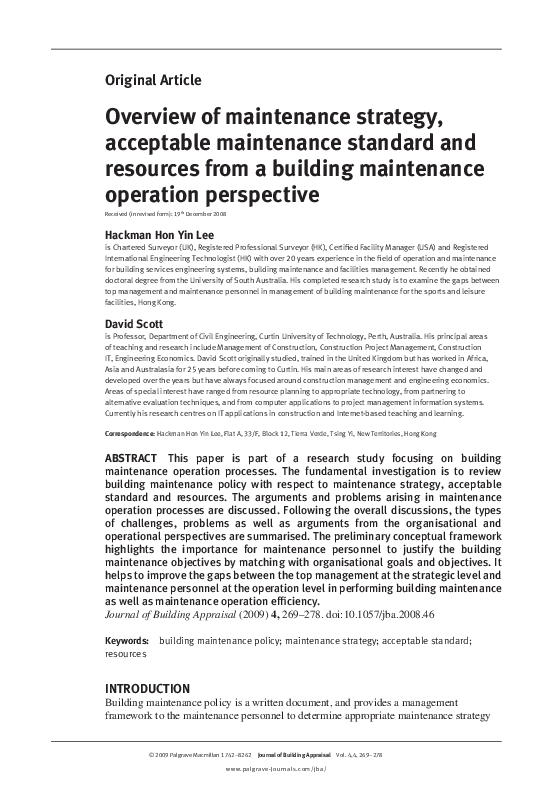 (PDF) Overview of maintenance strategy, acceptable maintenance standard ...