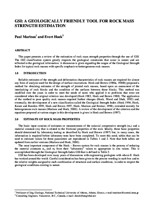 (PDF) GSI: A GEOLOGICALLY FRIENDLY TOOL FOR ROCK MASS STRENGTH ESTIMATION
