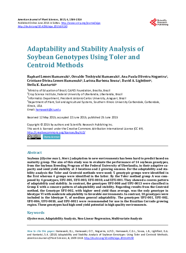 (PDF) Adaptability and Stability Analysis of Soybean Genotypes Using Toler and Centroid Methods