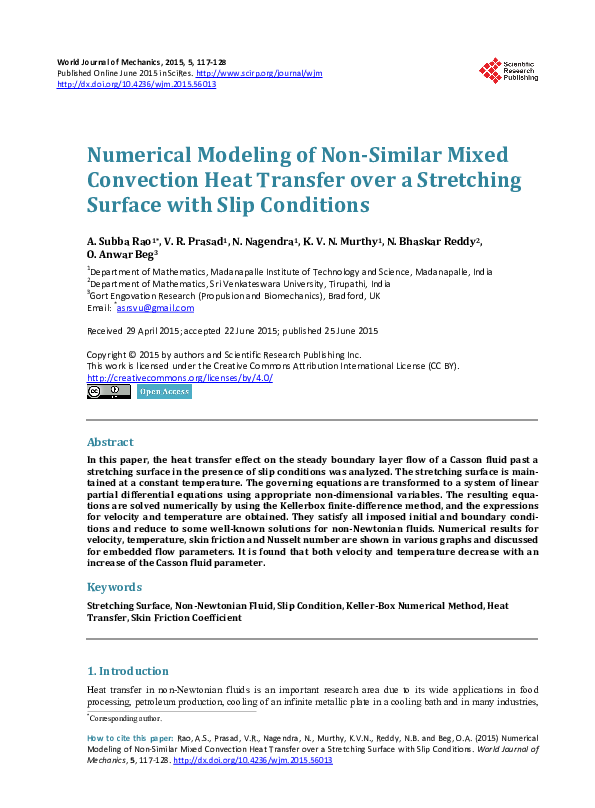 Pdf Numerical Modeling Of Non Similar Mixed Convection Heat Transfer