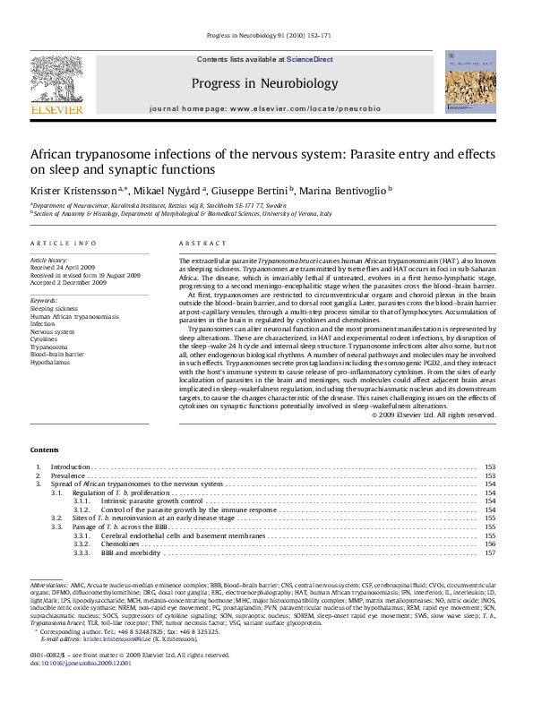 (PDF) African trypanosome infections of the nervous system: Parasite ...