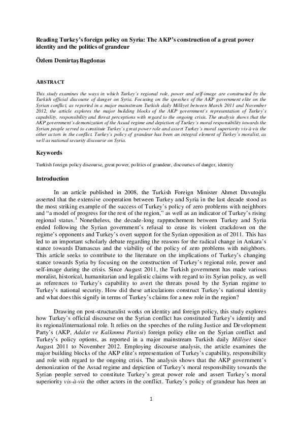 (PDF) Reading Turkey’s Foreign Policy on Syria: The AKP’s Construction ...