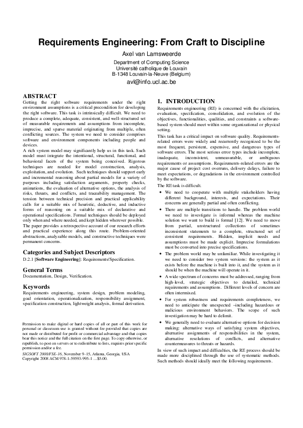 (PDF) Requirements Engineering: From Craft to Discipline