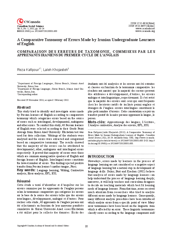 Pdf A Comparative Taxonomy Of Errors Made By Iranian Undergraduate Learners Of English