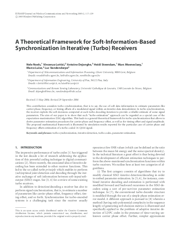 Pdf A Theoretical Framework For Soft Information Based Synchronization In Iterative Turbo