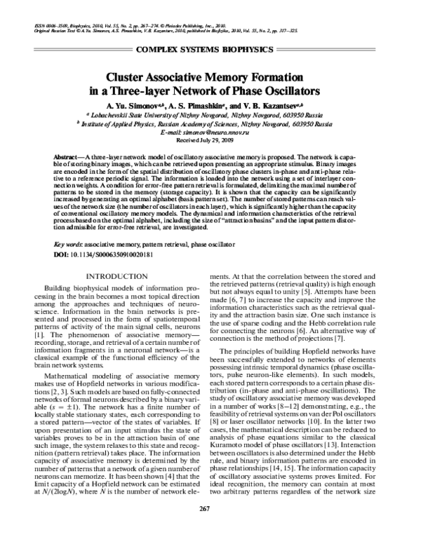 (PDF) Cluster Associative Memory Formation in a Three layer Network of Phase Oscillators