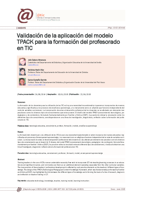 (PDF) Validación de la aplicación del modelo TPACK para la formación ...