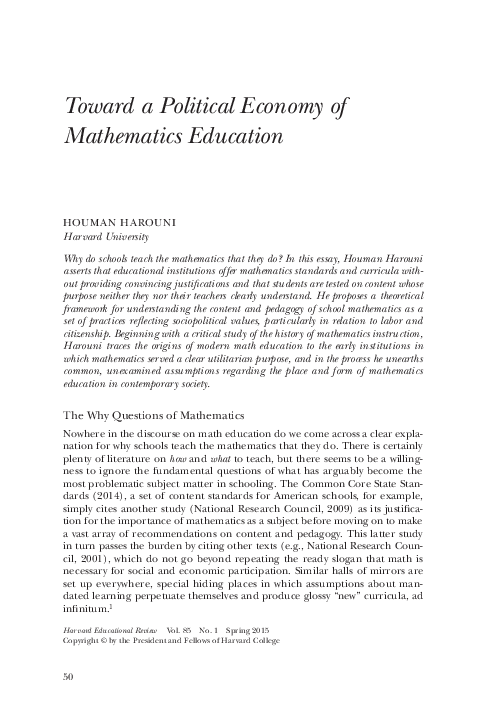 (PDF) Toward a Political Economy of Mathematics Education
