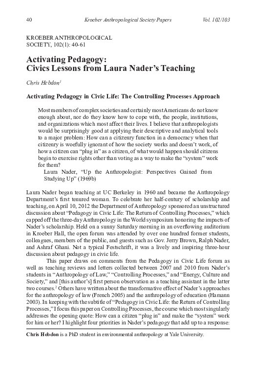 (PDF) Activating Pedagogy: Lessons from Laura Nader's Teaching of ...