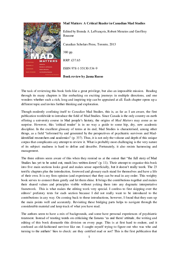 (PDF) Mad Matters: A Critical Reader in Canadian Mad Studies
