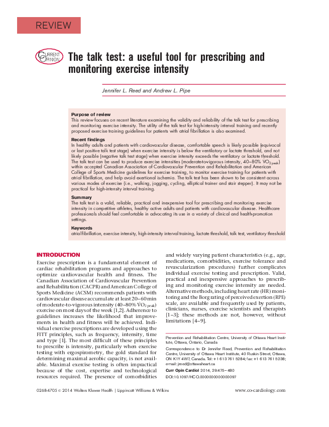 (PDF) The talk test: a useful tool for prescribing and monitoring ...
