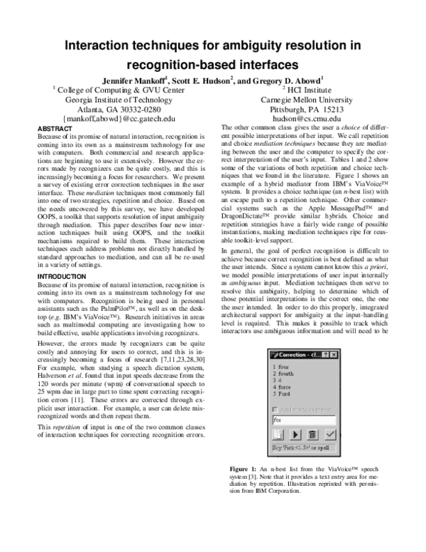 (PDF) Interaction techniques for ambiguity resolution in recognition-based interfaces