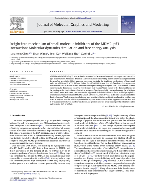 (PDF) Insight into mechanism of small molecule inhibitors of the MDM2–p53 interaction: Molecular ...