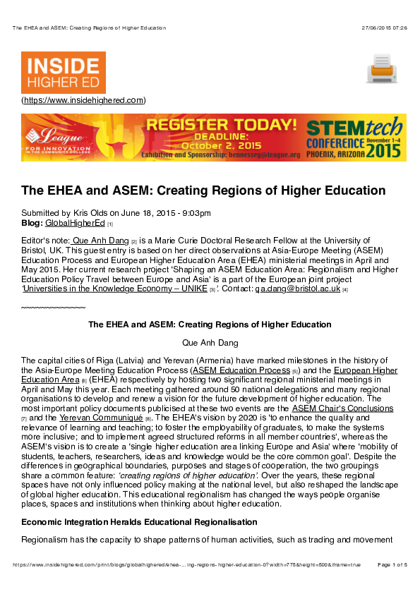 (PDF) The EHEA and ASEM: Creating Regions of Higher Education