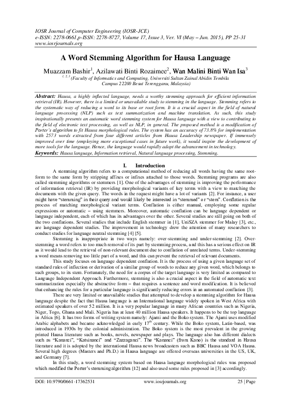 (PDF) A Word Stemming Algorithm for Hausa Language
