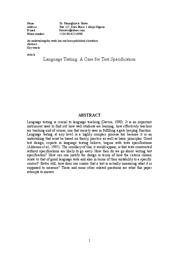 (DOC) Language Testing: A Case for Test Specification