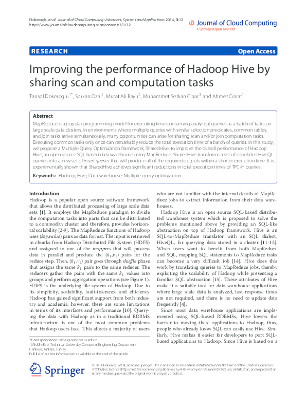 Pdf Improving The Performance Of Hadoop Hive By Sharing Scan And Computation Tasks