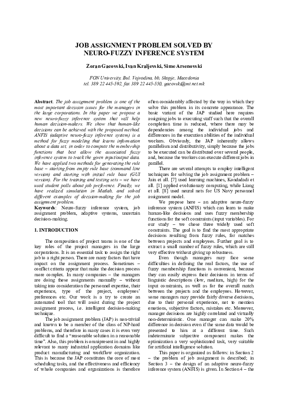 Pdf Job Assignment Problem Solved By Neuro Fuzzy Inference System