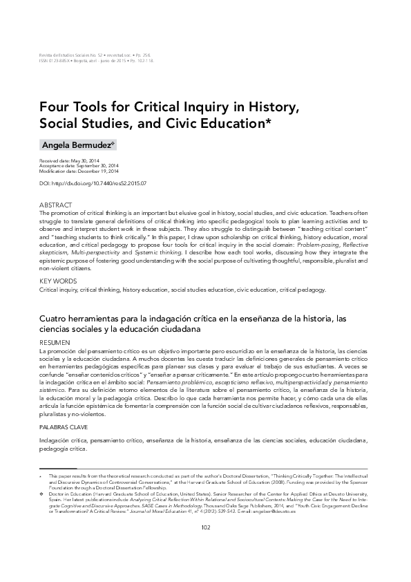 (PDF) Four Tools for Critical Inquiry in History, Social Studies, and ...