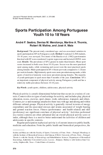 (PDF) Sports Participation Among Portuguese Youth 10 to 18 Years