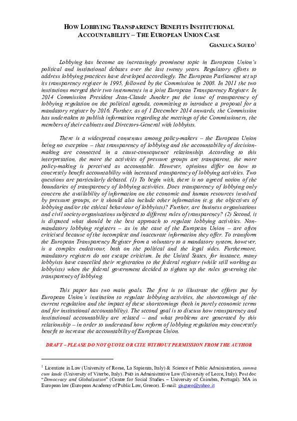(PDF) How Lobbying Transparency Benefits Institutional Accountability - the European Union Case