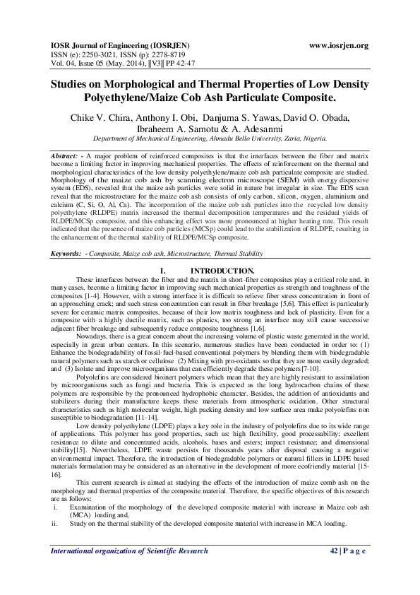 (PDF) Studies on Morphological and Thermal Properties of Low Density Polyethylene/Maize Cob Ash ...