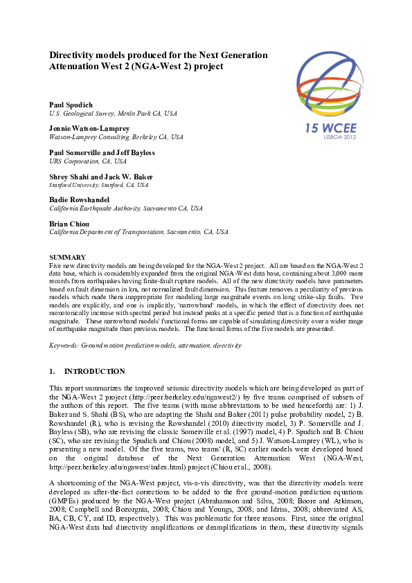 (PDF) Directivity models produced for the Next Generation Attenuation West 2 (NGA-West 2) project