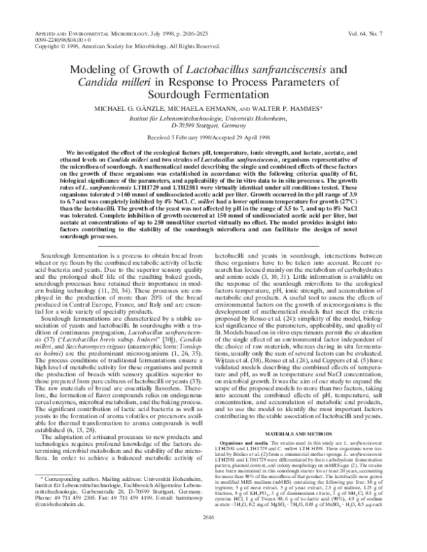 Modeling of growth of Lactobacillus sanfranciscensis and Candida ...
