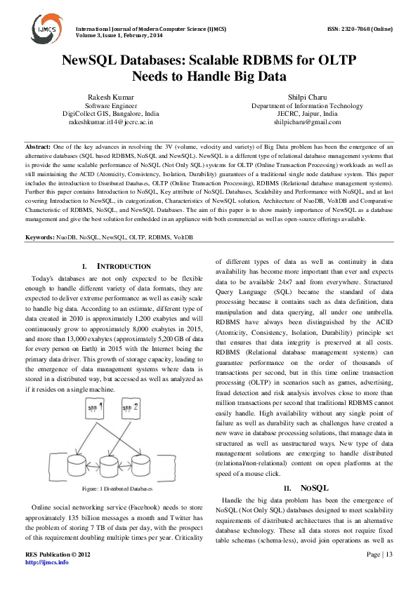 Pdf Newsql Databases Scalable Rdbms For Oltp Needs To Handle Big Data