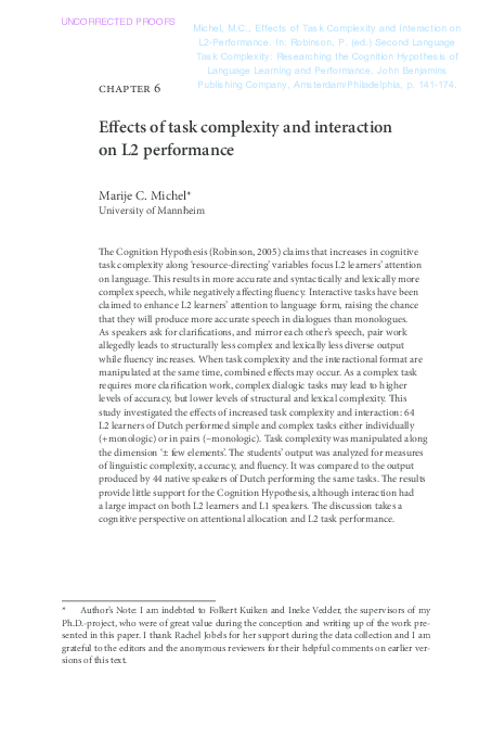 Effects Of Task Complexity And Interaction On L2 Performance