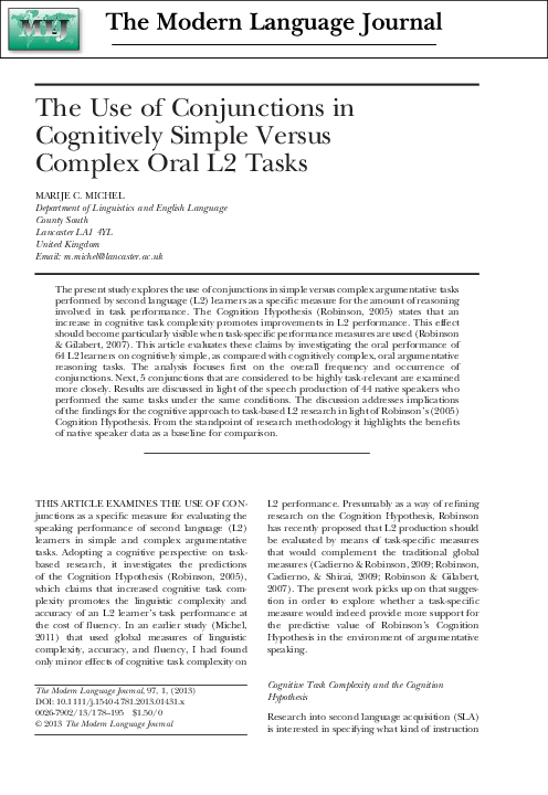 The Use of Conjunctions in Cognitively Simple Versus Complex Oral L2 Tasks