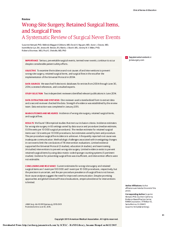 (PDF) Wrong-Site Surgery, Retained Surgical Items, and Surgical Fires ...