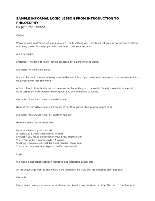 Informal Logic Lesson Sample- Intro to Philosophy