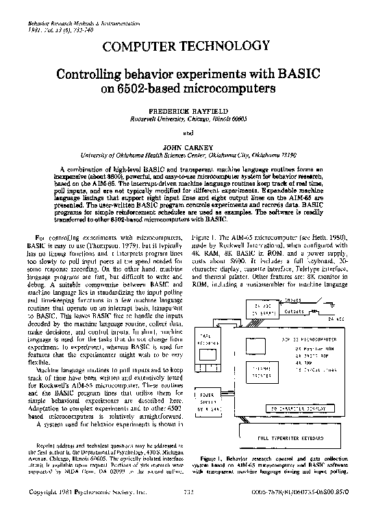 (PDF) Controlling Behavior Experiments with BASIC on 6502-based Computer