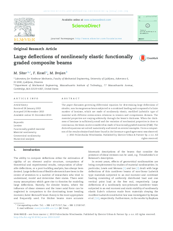 (PDF) Large deflections of nonlinearly elastic functionally graded composite beams
