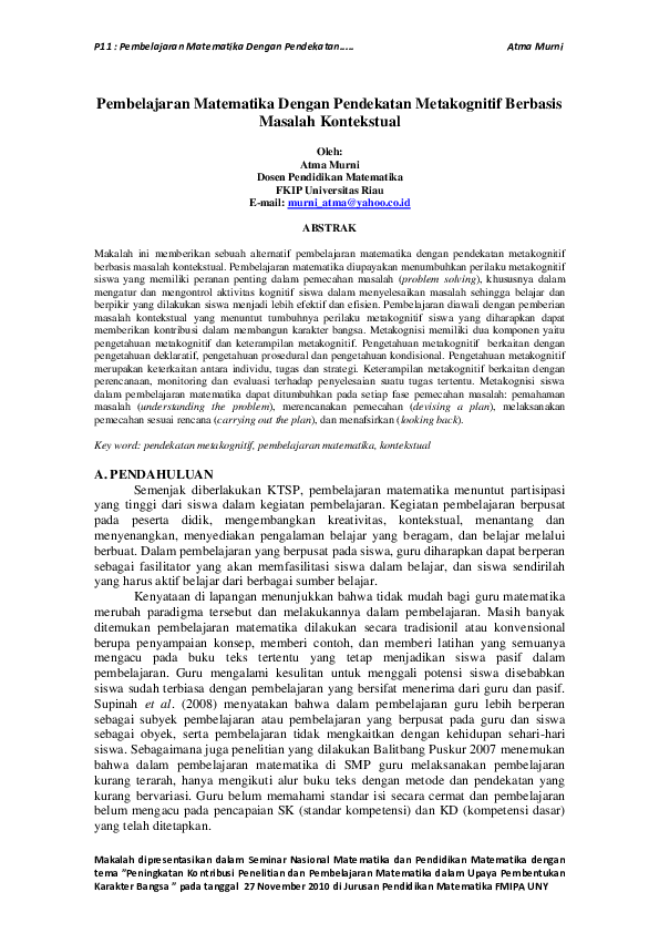 (PDF) P11 : Pembelajaran Matematika Dengan Pendekatan..... Atma Murni
