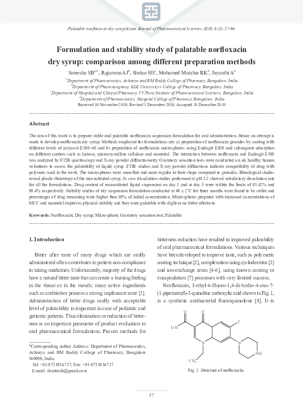(PDF) Formulation and stability study of palatable norfloxacin dry ...