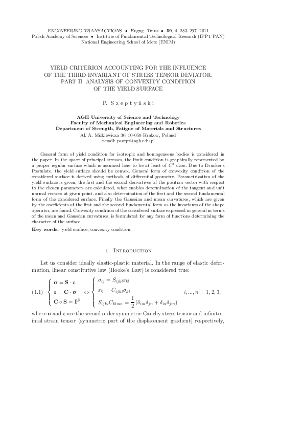 (PDF) YIELD CRITERION ACCOUNTING FOR THE INFLUENCE OF THE THIRD ...