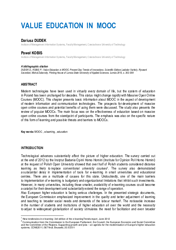 (PDF) VALUE EDUCATION IN MOOC
