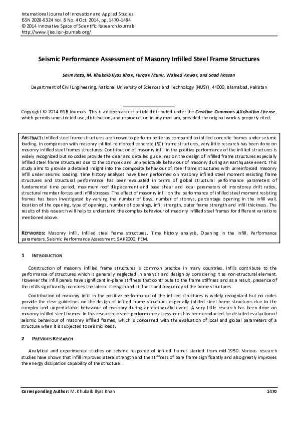 (PDF) Seismic Performance Assessment of Masonry Infilled Steel Frame Structures