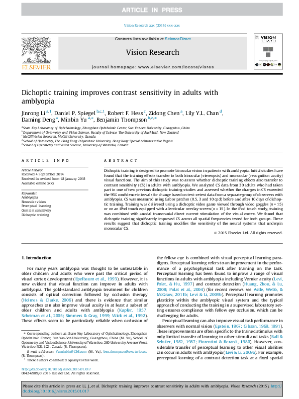 (PDF) Dichoptic training improves contrast sensitivity in adults with amblyopia | Daniel P ...